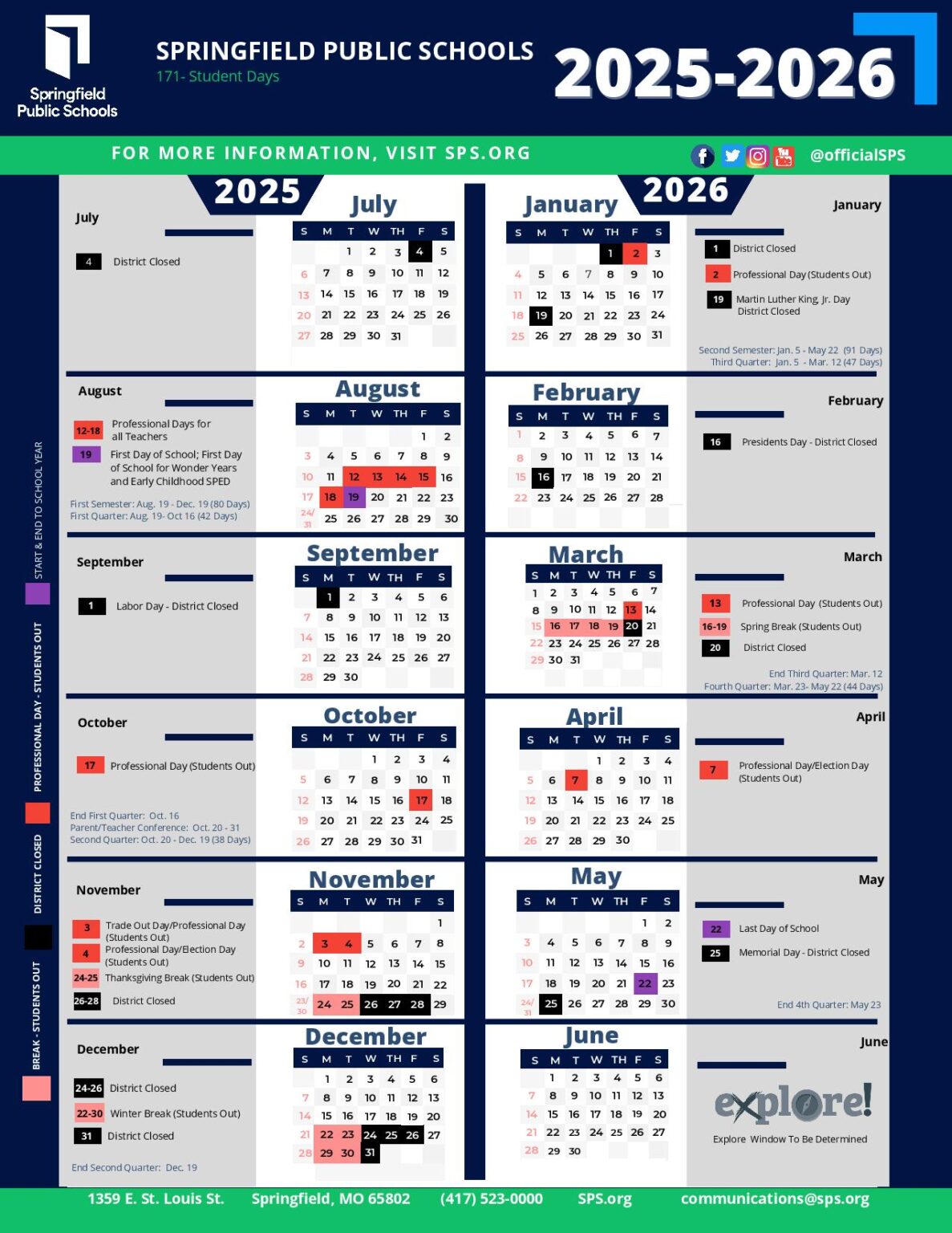Springfield Public Schools Calendar 2025-2026 [Holidays Break]