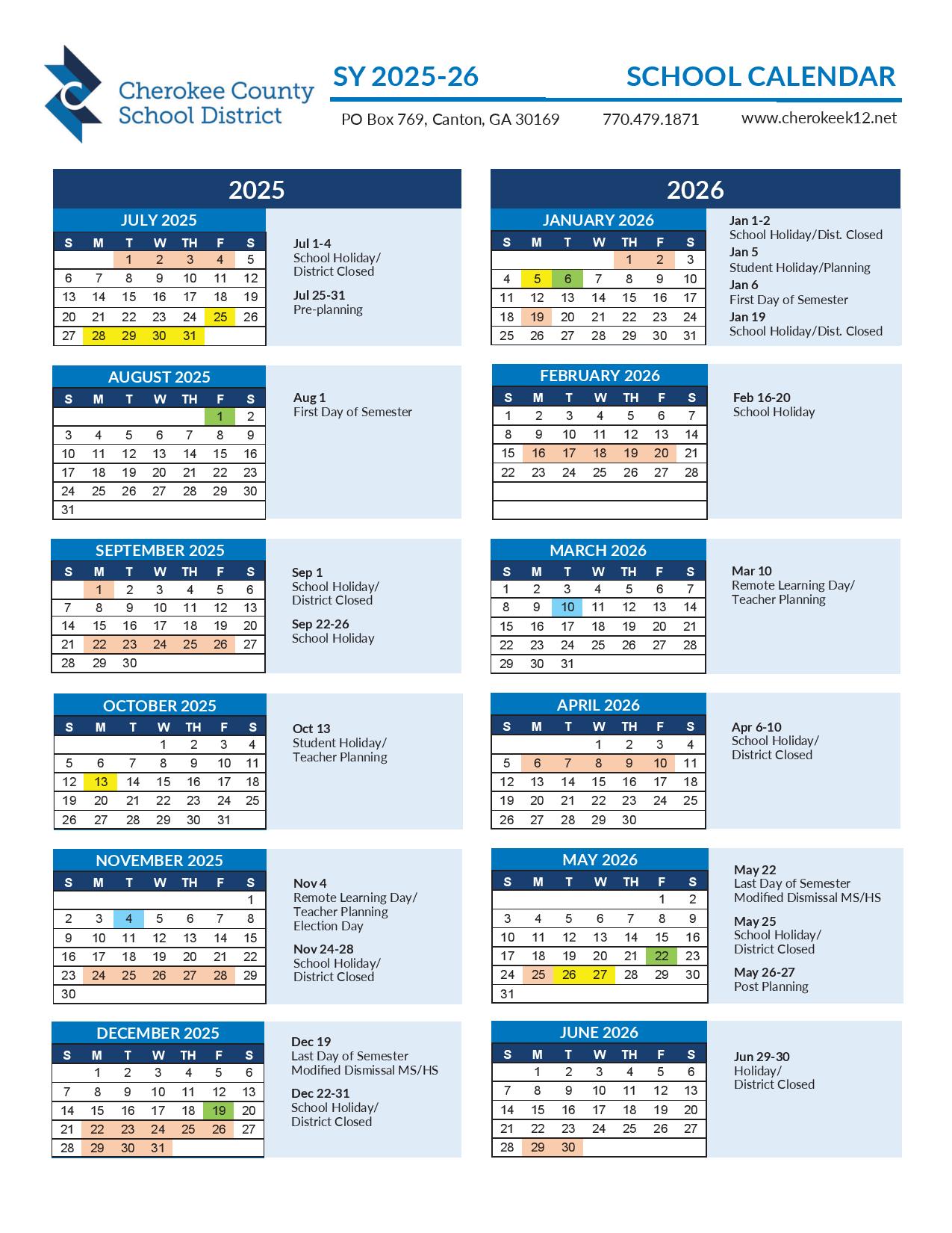 Cherokee County School District Calendar 2025-2026 - New School Calendar