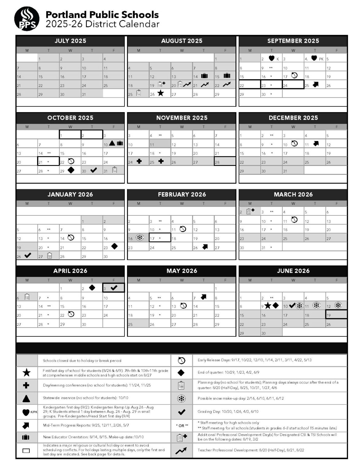 Portland Public Schools Calendar 2025-2026 (Holiday Breaks)