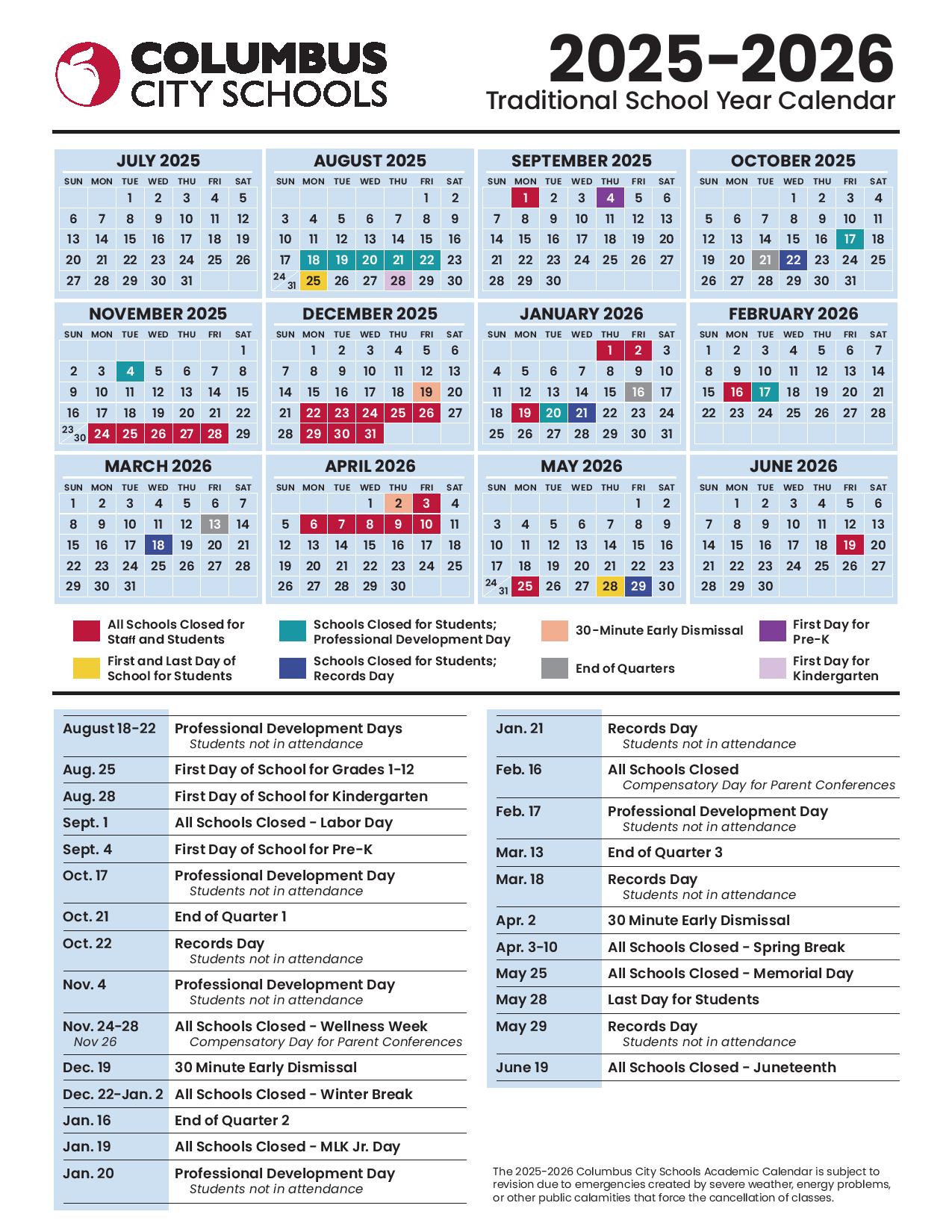 Columbus City Schools Calendar Holidays 2025-2026 - New School Calendar