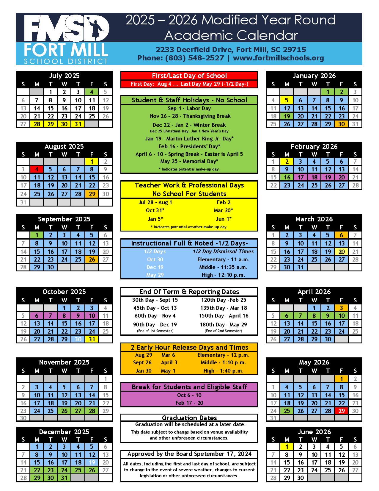 Fort Mill School District Calendar 2025-2026 (Holiday Breaks)