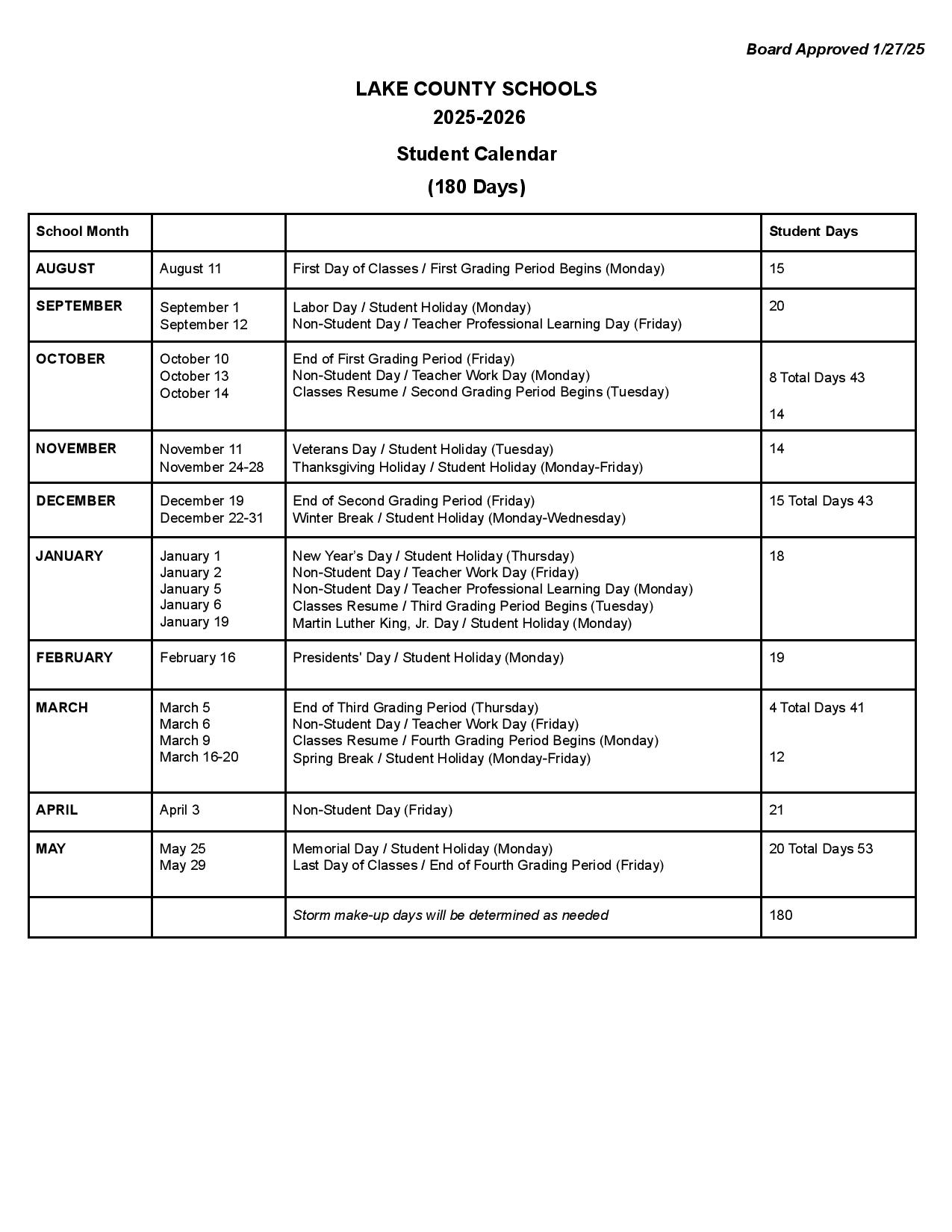 Lake County Schools Calendar Holidays 2025-2026
