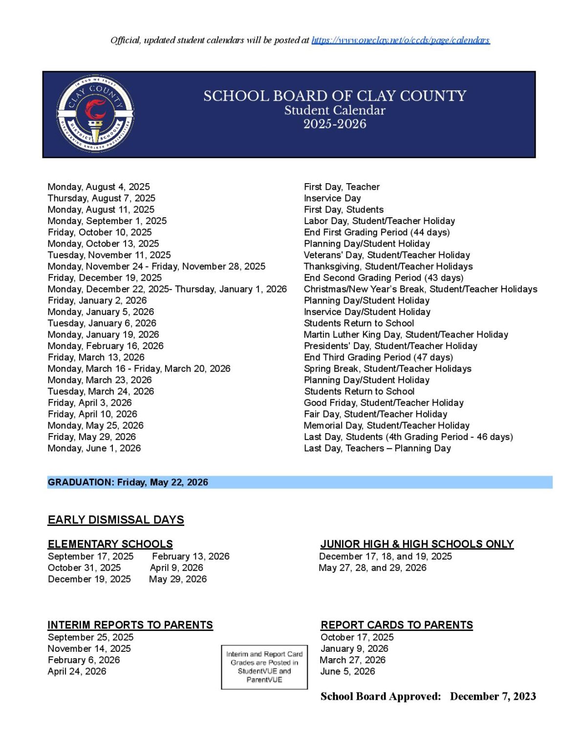 Clay County School District Calendar 2025-2026 - New School Calendar