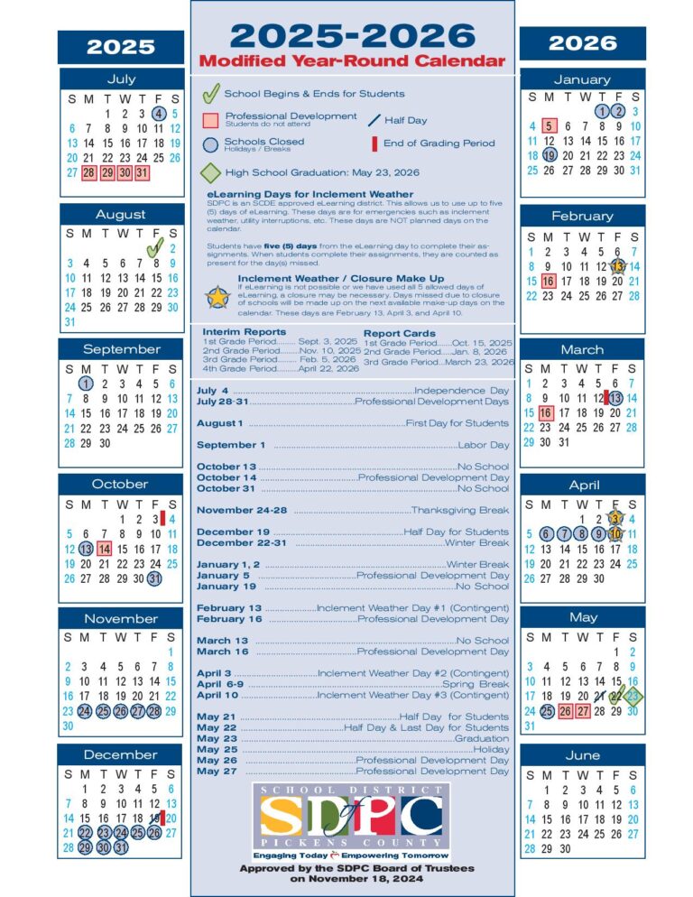 Pickens County School District Calendar 2025-2026 (Holidays)
