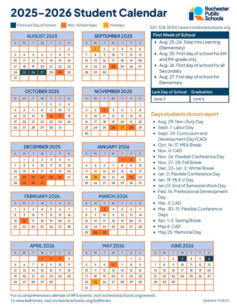 Rochester Public Schools Calendar 2025-2026 (Holiday Dates)