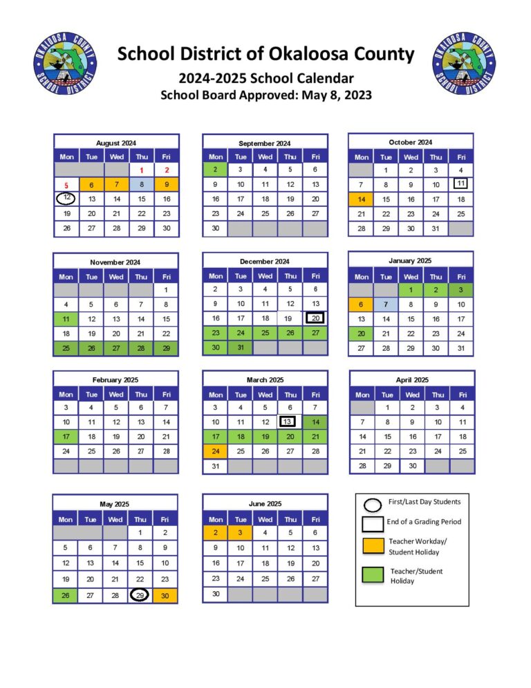 Okaloosa County School District Calendar 2025-2026 (Holiday Breaks ...