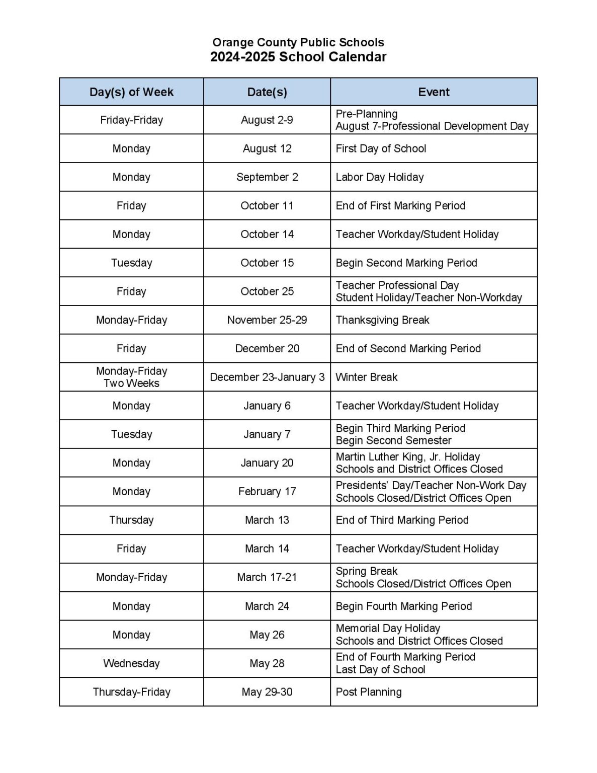 Orange County Public Schools Calendar 2025-2026 with Holidays