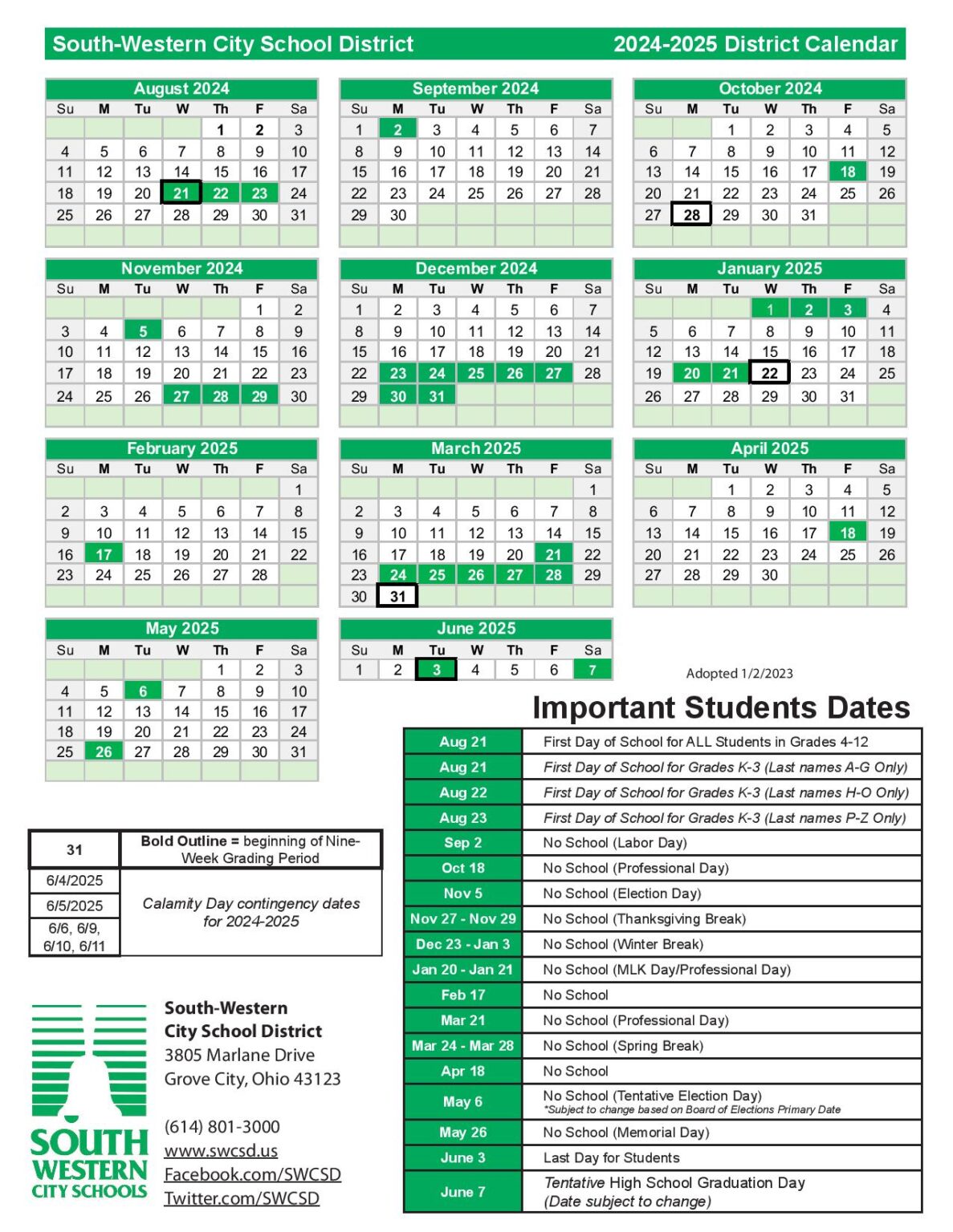 South Western City schools Calendar Holidays 2025-2026