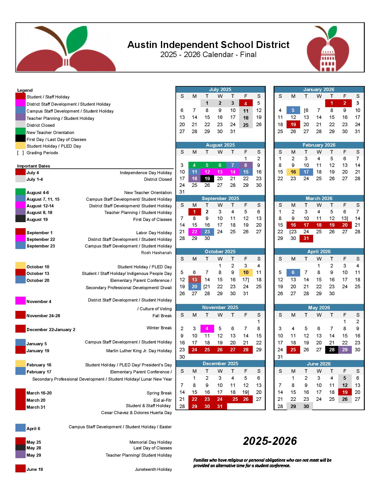 Austin ISD School Calendar 2025-2026 | Holiday Breaks - New School Calendar