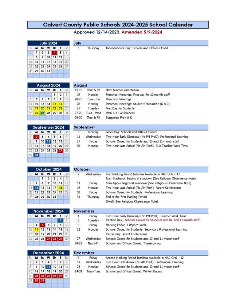 Calvert County Public Schools Calendar 2025-2026 | Holiday Dates