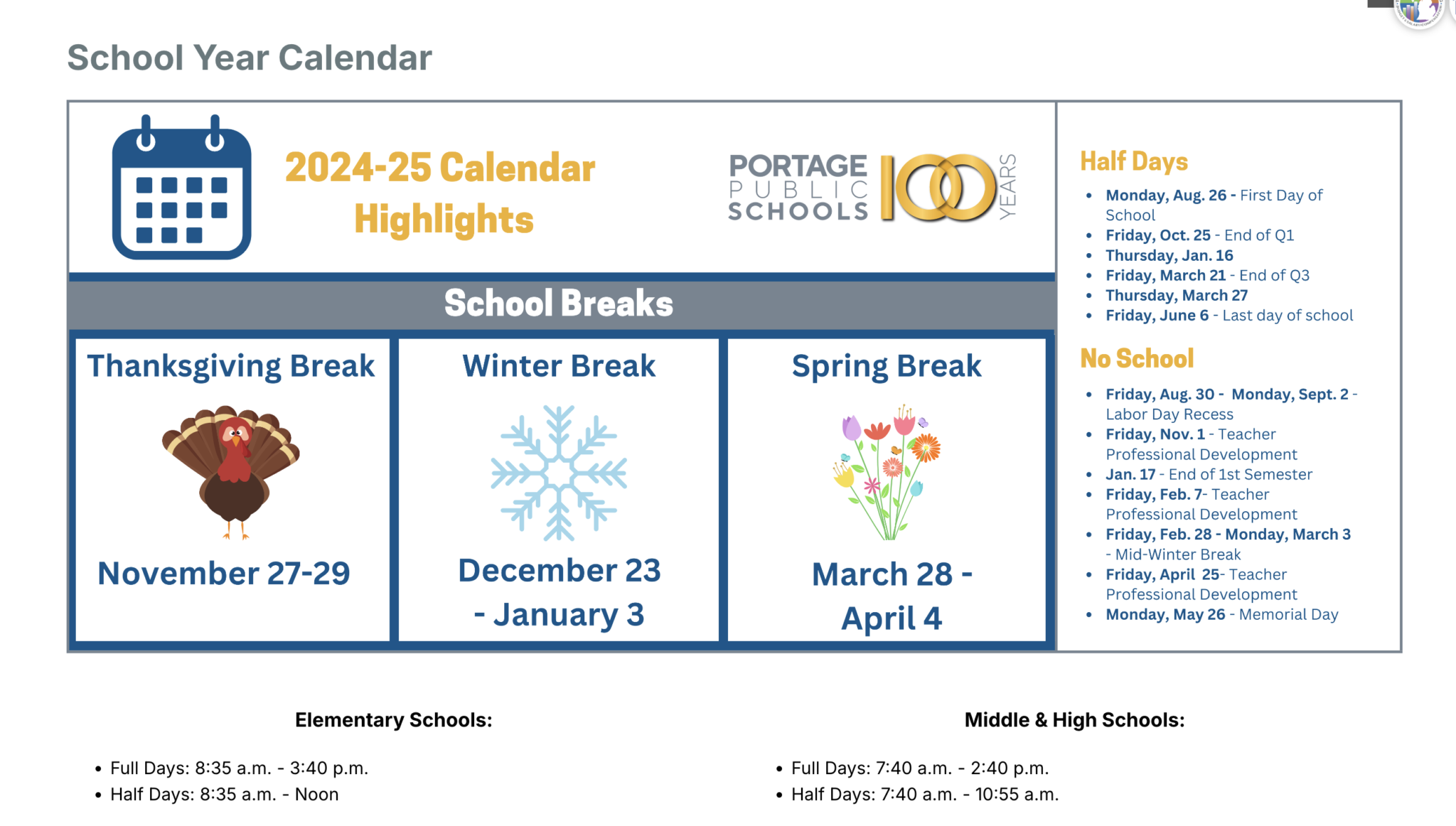 Portage Public Schools Calendar 2024-2025 | Academic Holidays - New ...