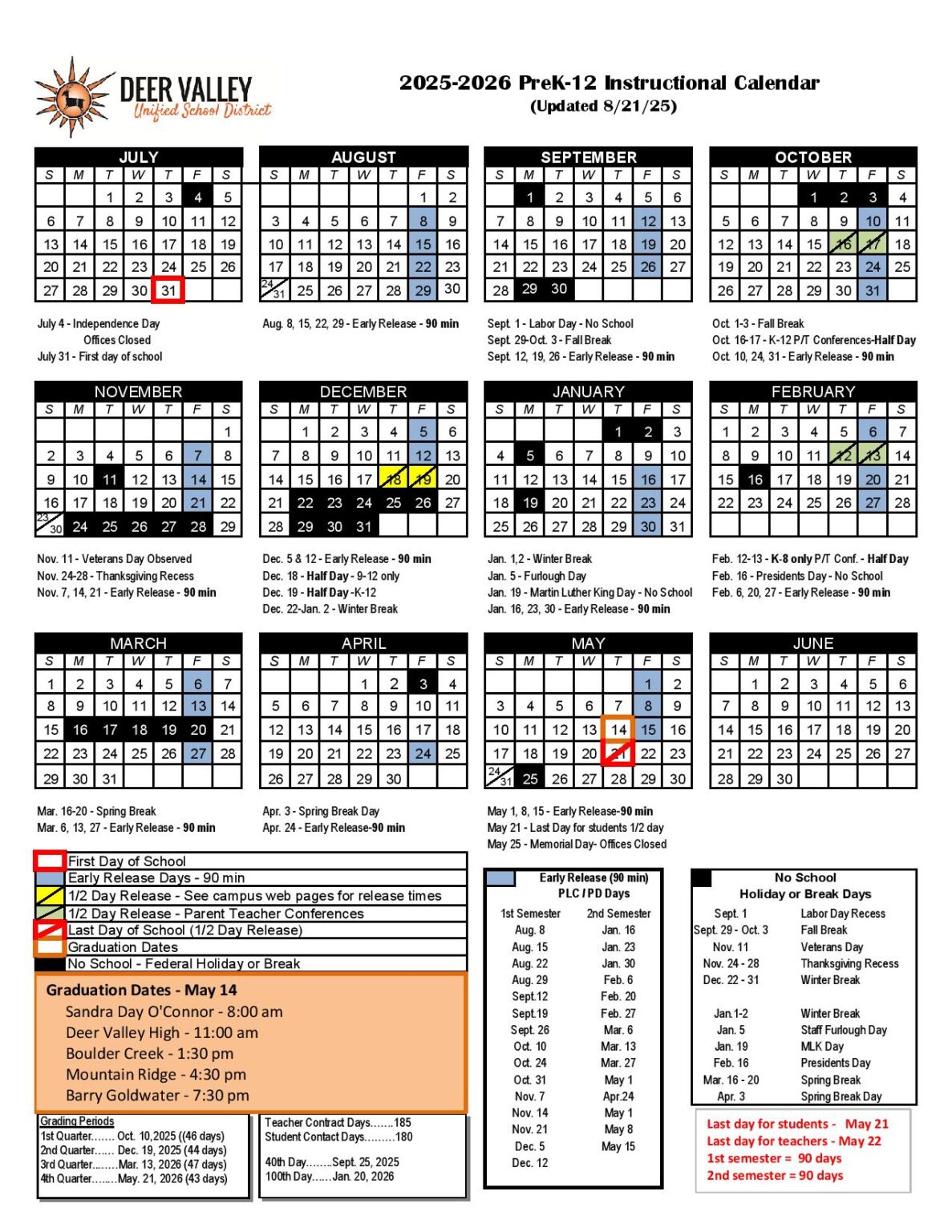 Deer Valley Unified School District Calendar 2025-2026