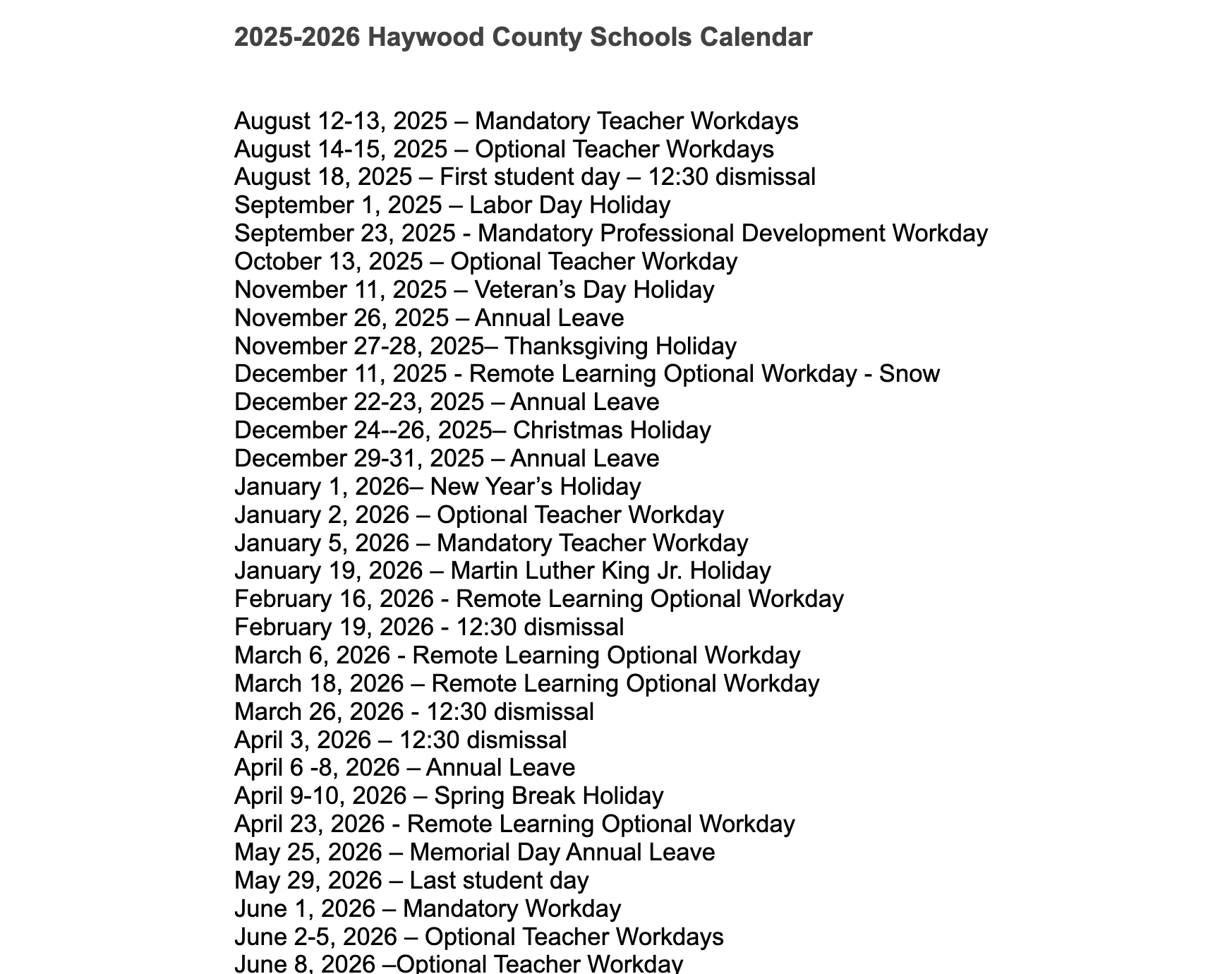Haywood County Schools Calendar 2025-2026 Holidays | North Carolina