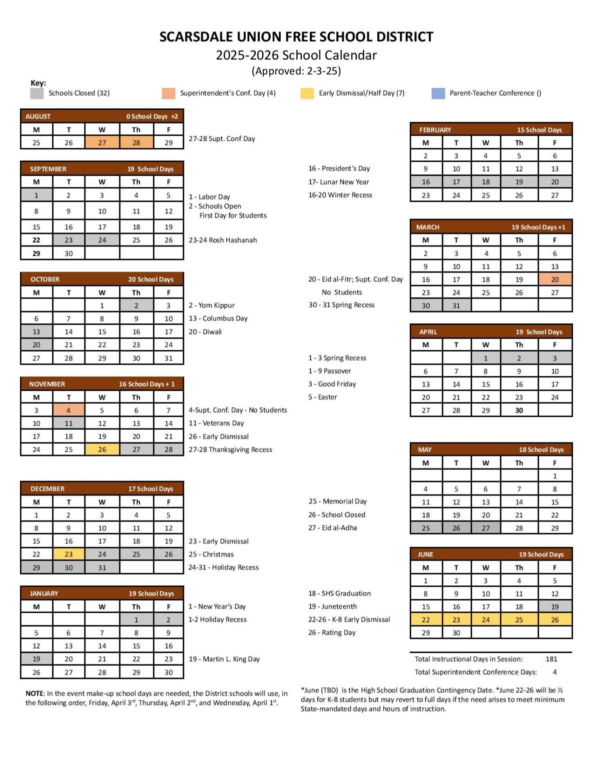 Scarsdale Public Schools Calendar 2025-2026 - New School Calendar