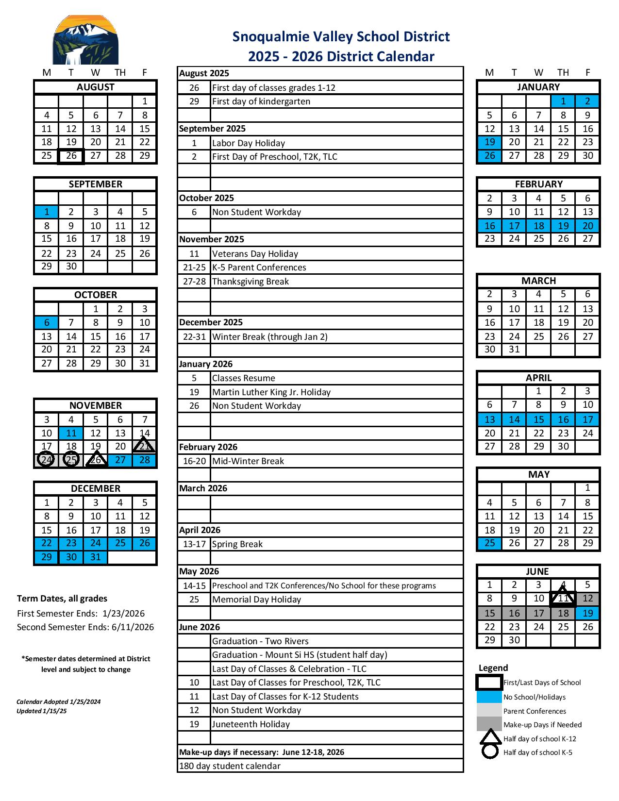 Snoqualmie Valley School District Calendar 2025-2026 Snoqualmie Valley School District Calendar 2025-2026