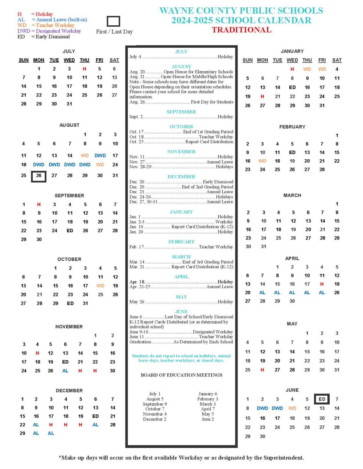 Wayne County Public Schools Calendar 2025-2026