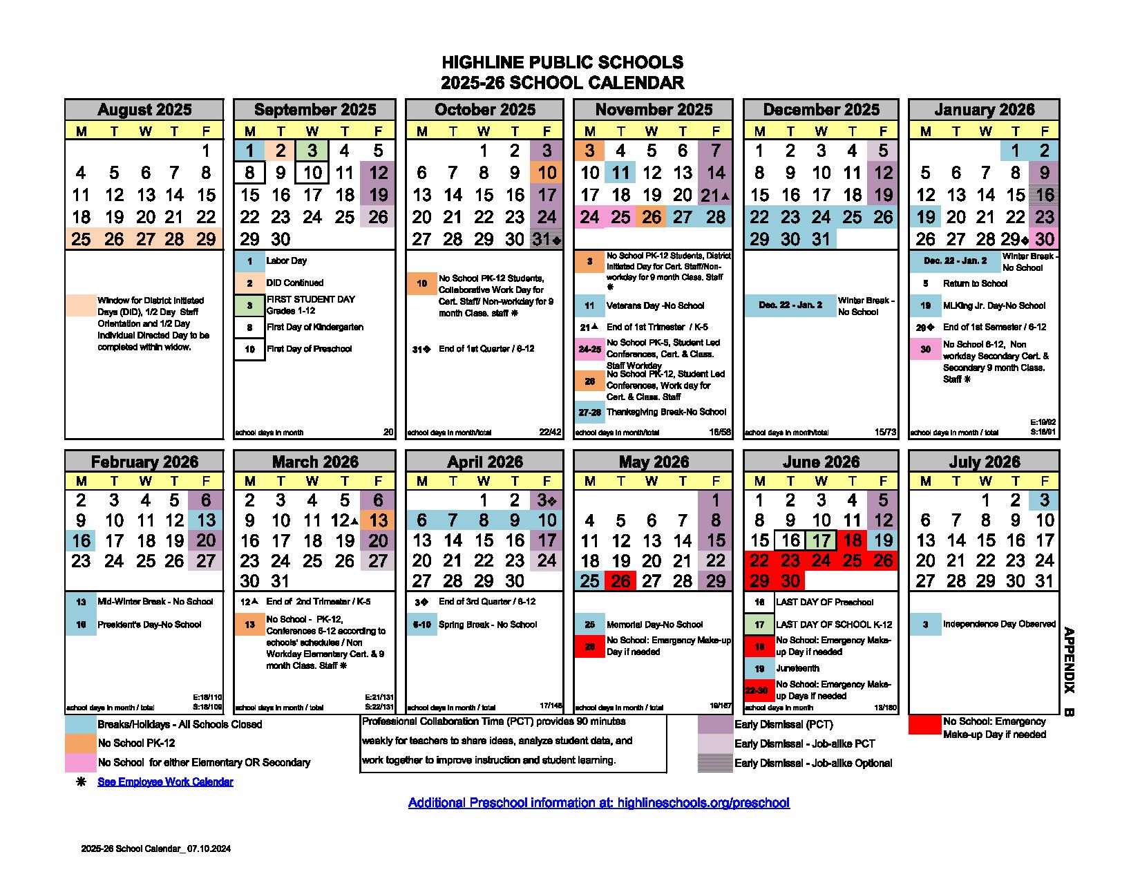Highline Public Schools Calendar 2025-2026 - New School Calendar