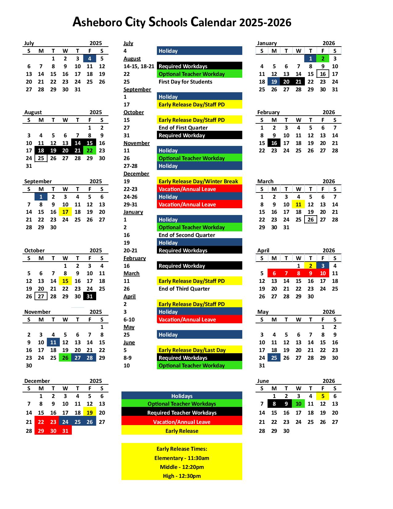 Asheboro City Schools Calendar 2025-2026 | Holidays