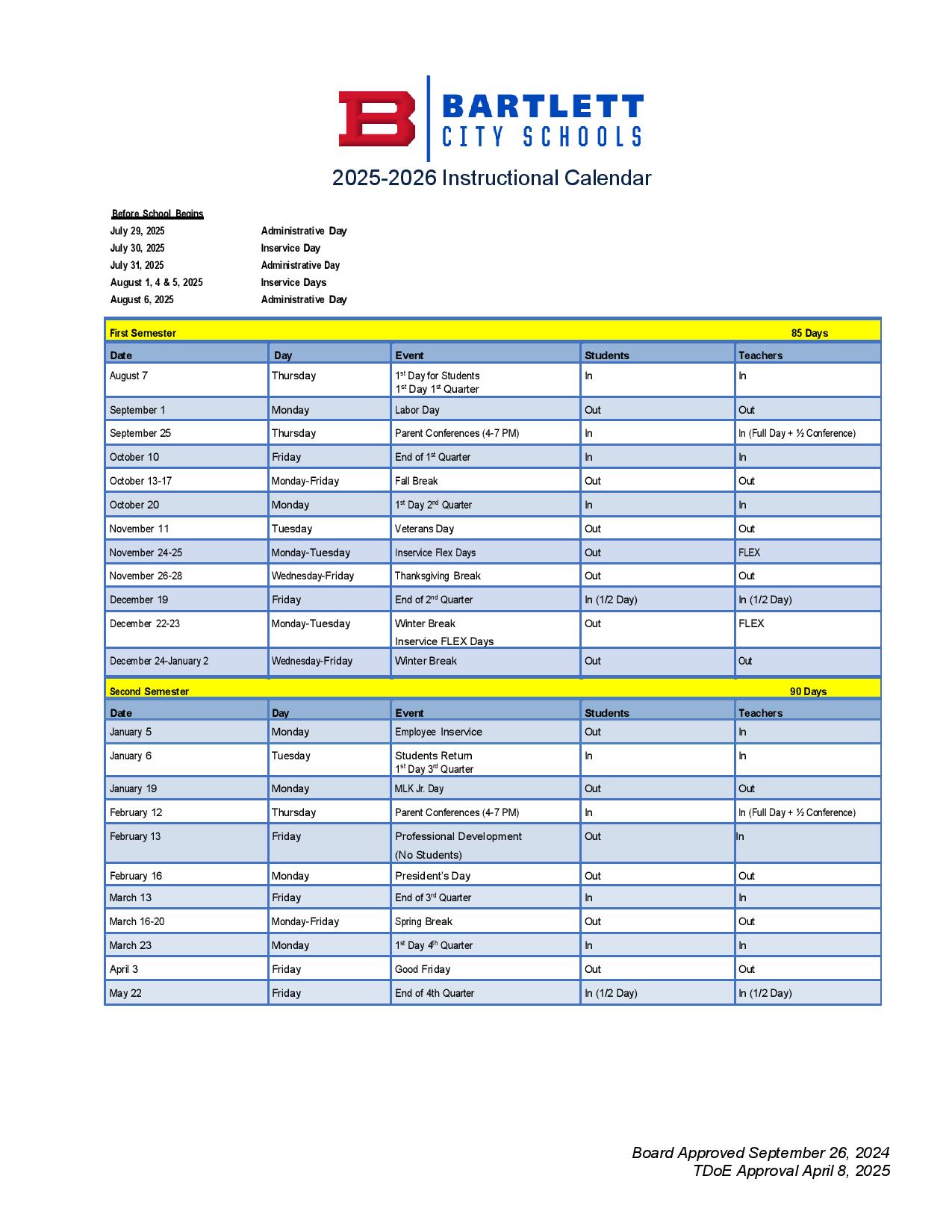 Bartlett City Schools Calendar 2025-2026 Holidays