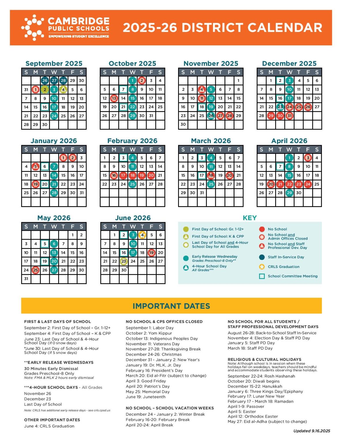 Cambridge Public Schools Calendar 2025-2026 Holidays