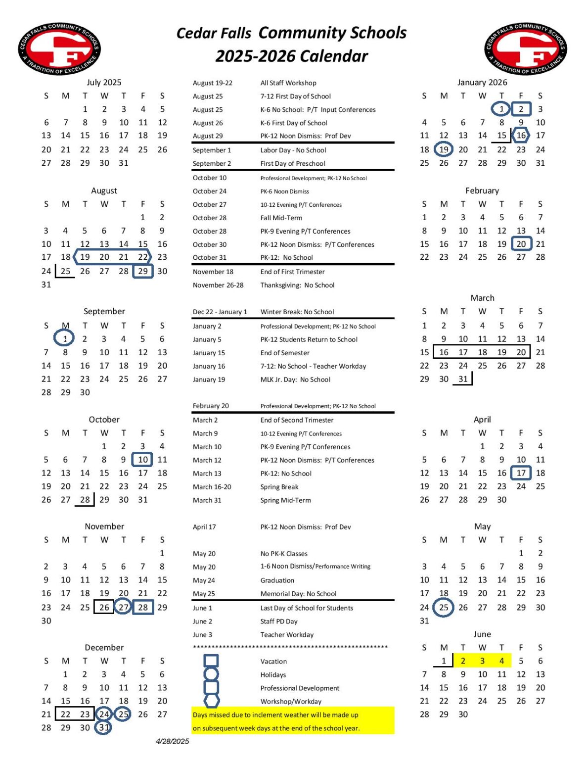 Cedar Falls School District Calendar 2025-2026 Holidays