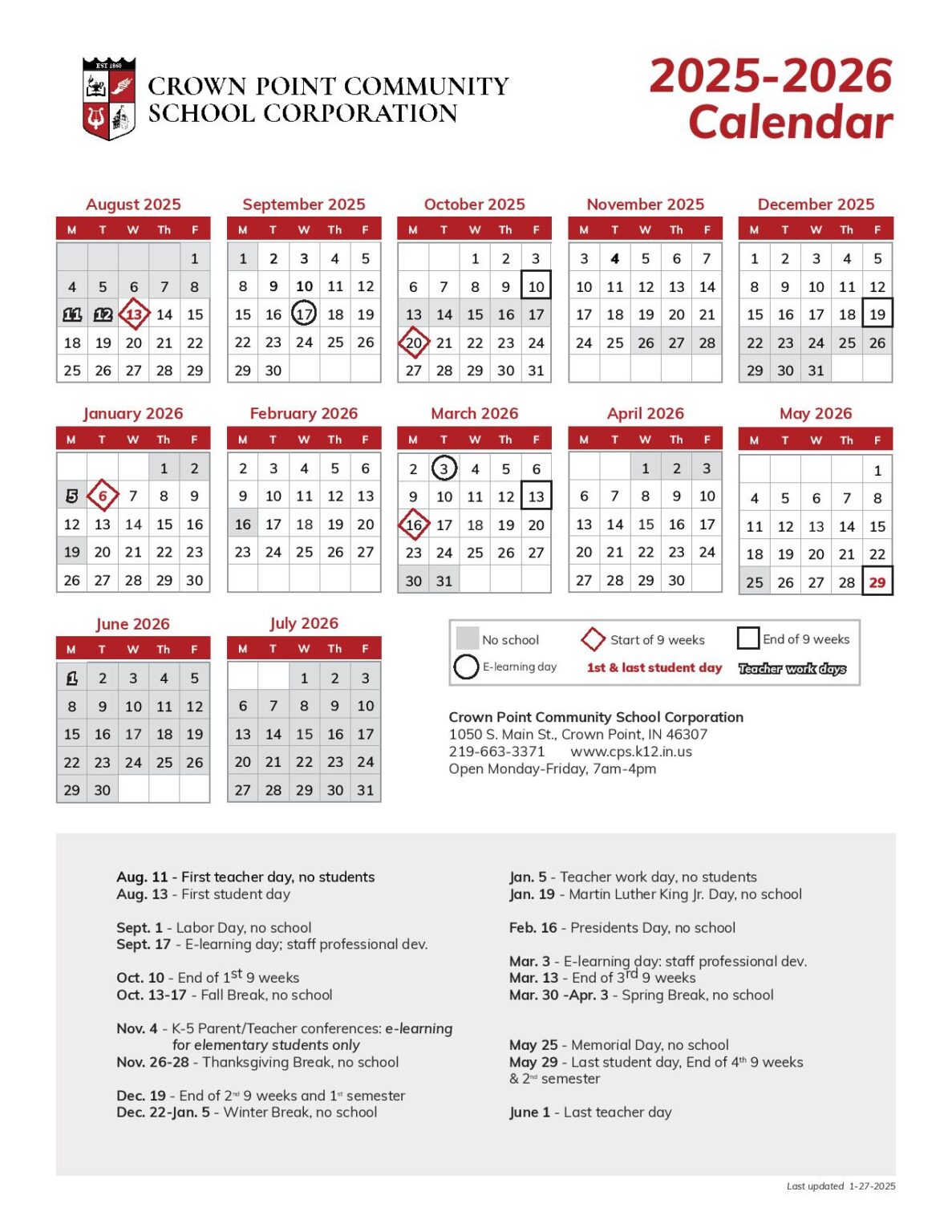Crown Point Schools Calendar 2025-2026 Holidays
