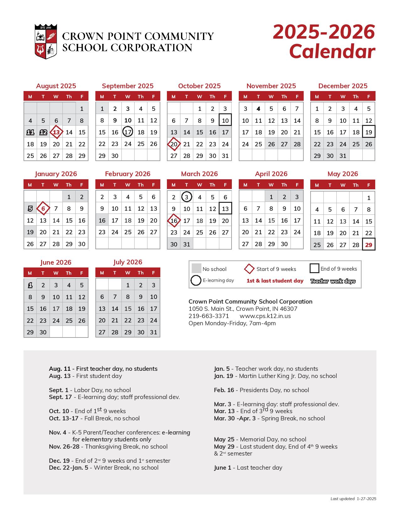 Crown Point Schools Calendar 2025-2026 Holidays