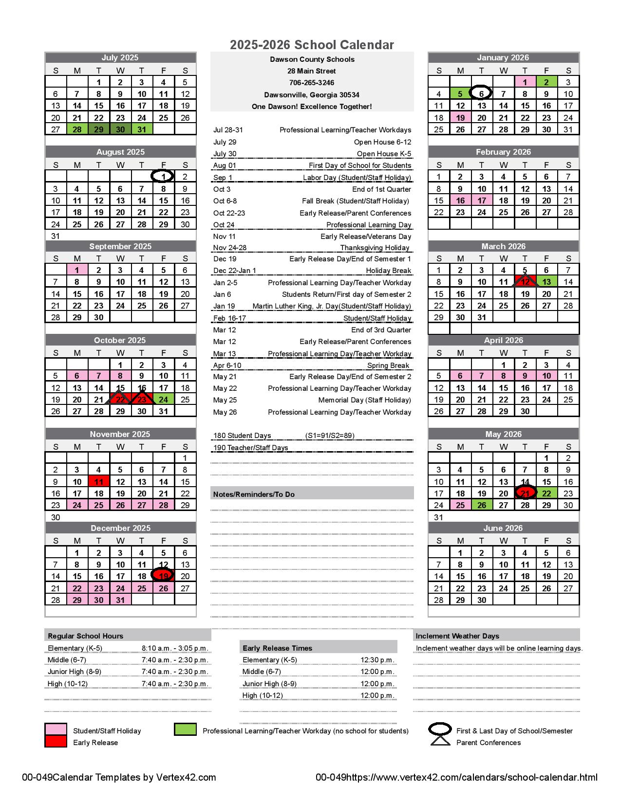Dawson County Schools Calendar 2025-2026 Holidays