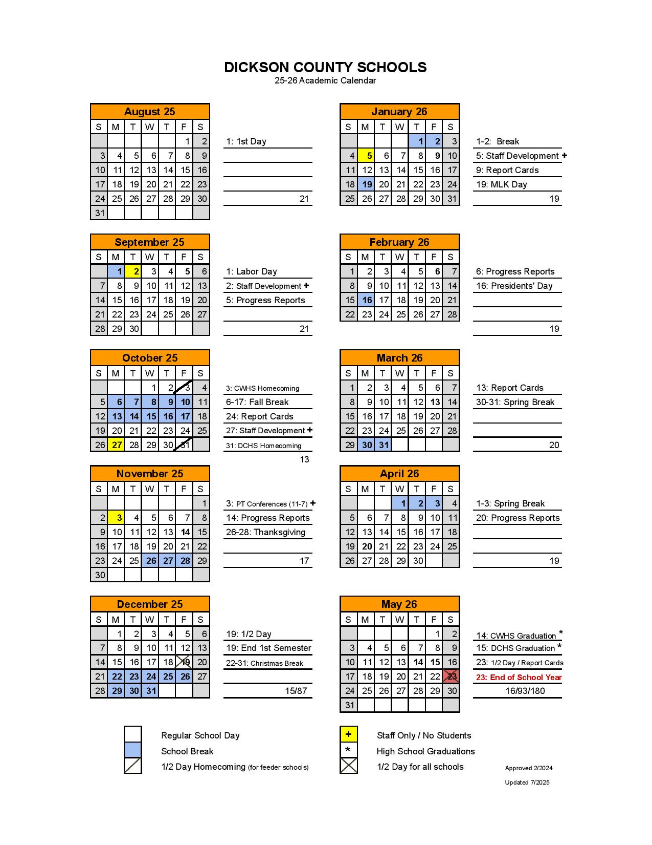 Dickson County Schools Calendar 2025-2026 Holidays