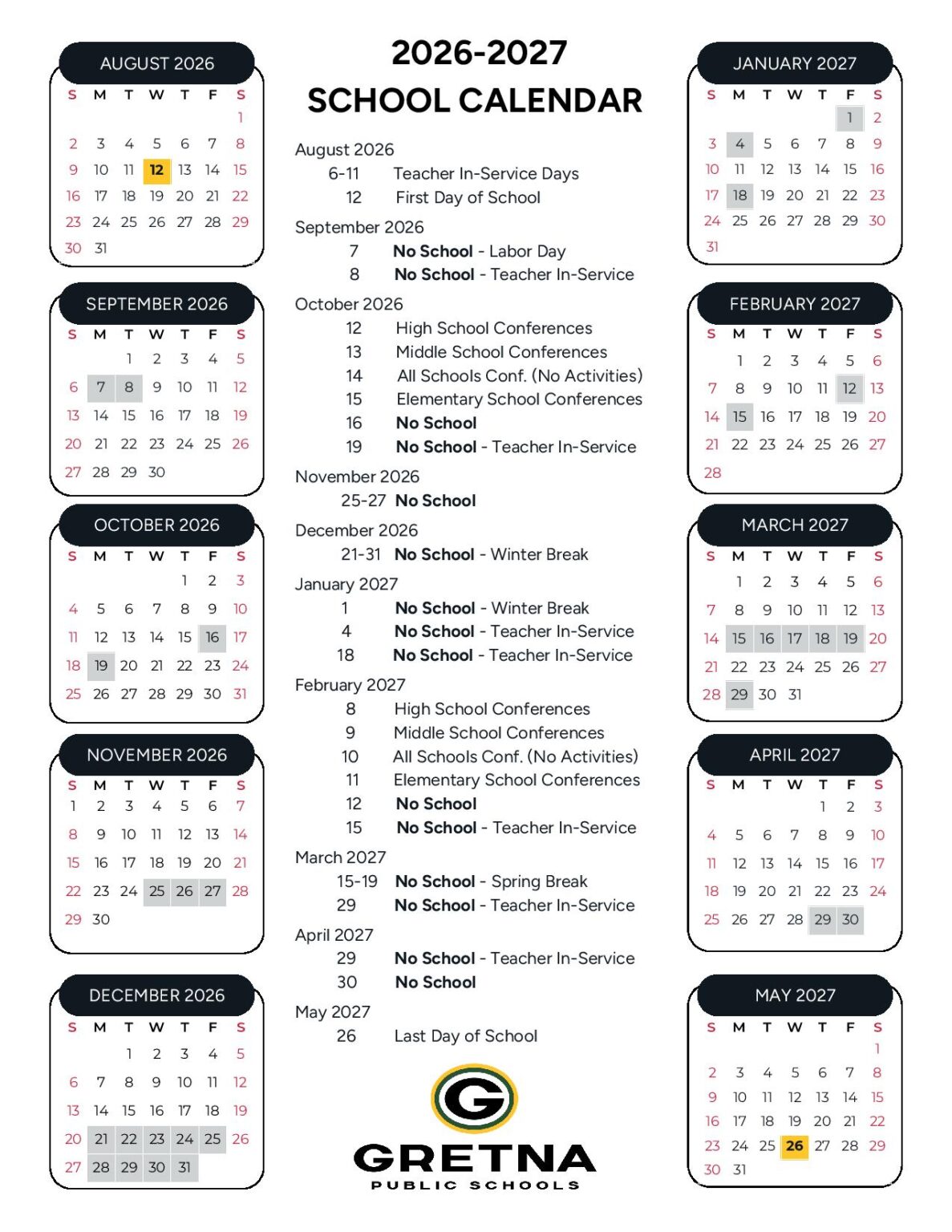 Gretna Public Schools Calendar 2026-2027 Holidays