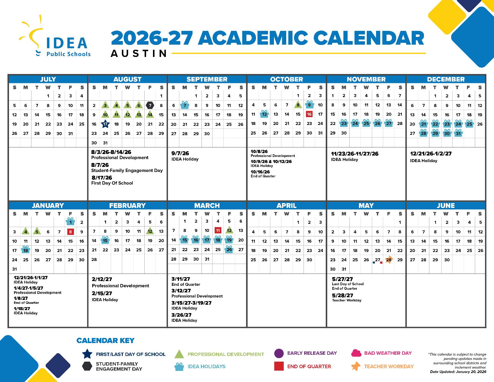 IDEA Public Schools Calendar 2026-2027 Holidays