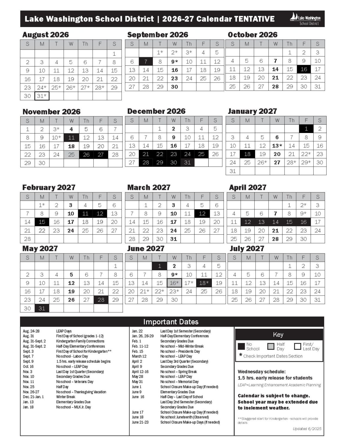 Lake Washington School District Calendar 2026-2027 Holidays