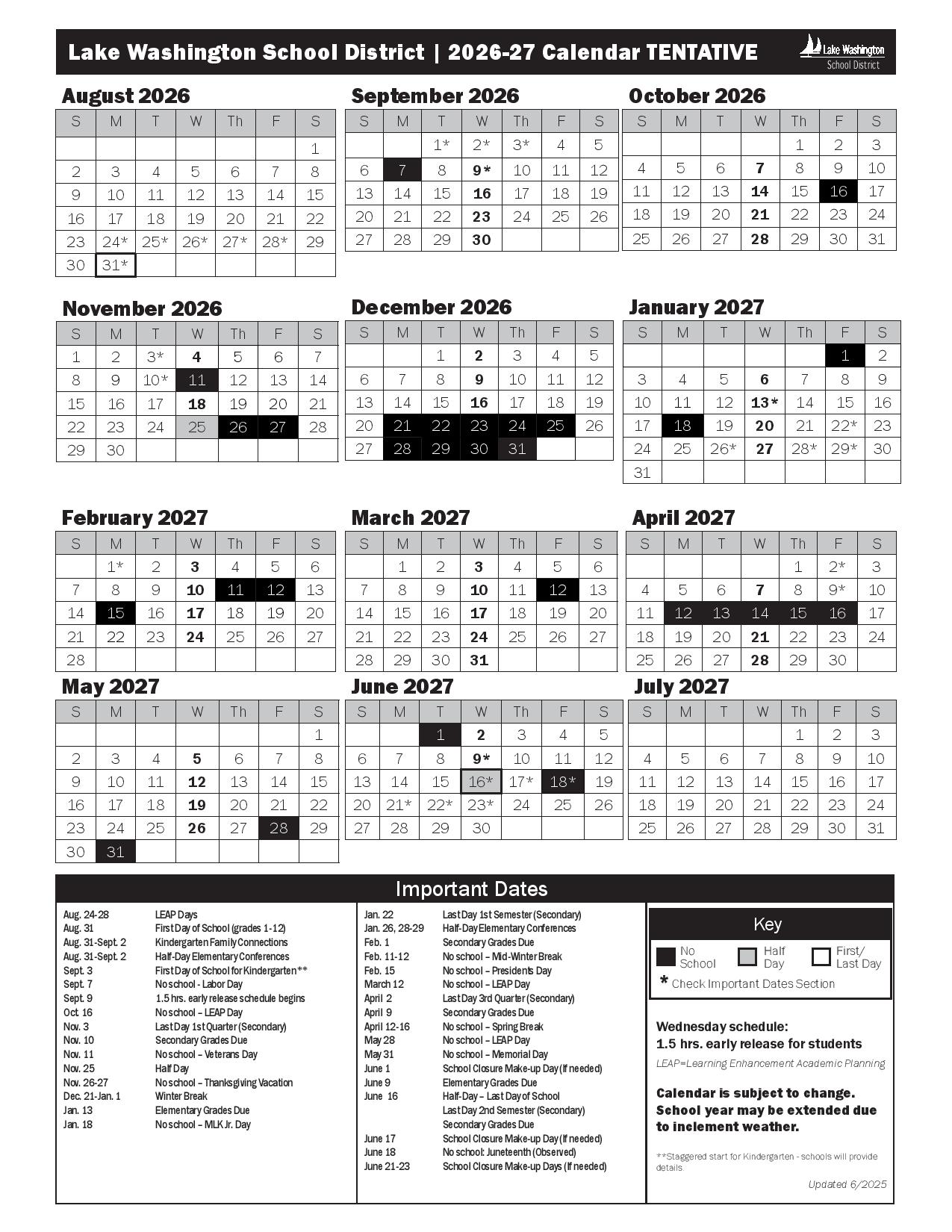 Lake Washington School District Calendar 2026-2027 Holidays