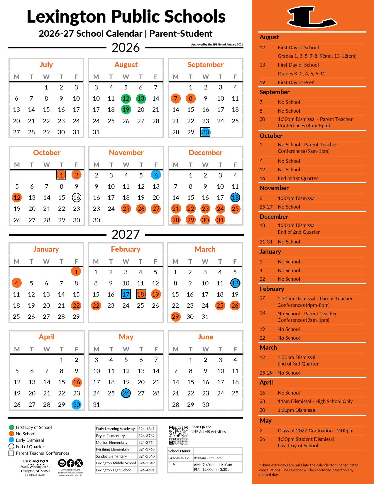 Lexington Public Schools Calendar 2026-2027 Holidays