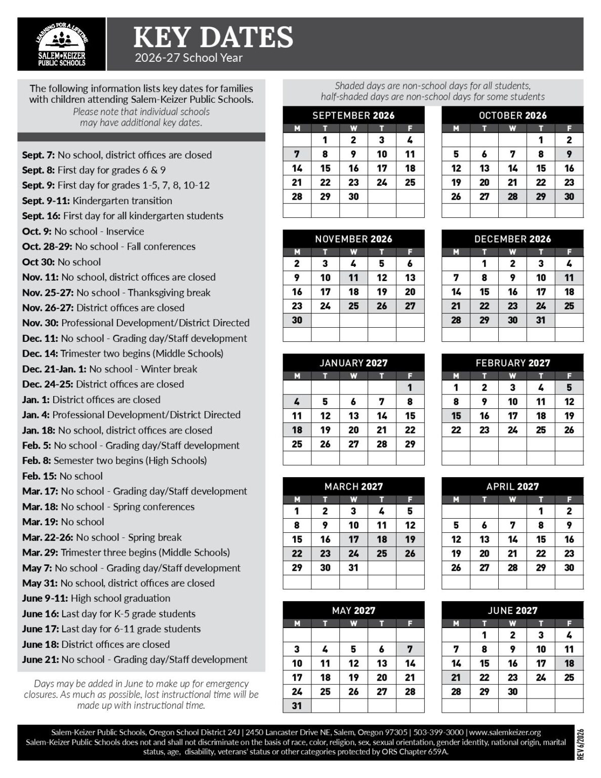 Salem Keizer School District Calendar Holidays 2026-2027